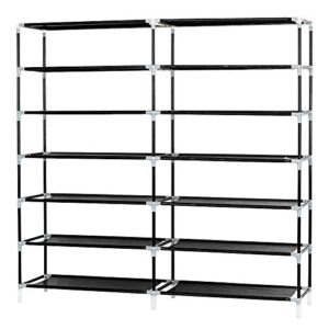 Vasitelan 7 Tier Shoe Rack Storage Organizer, Portable Double Row Shoe Rack Shelf Cabinet Tower for Closet with Nonwoven Fabric Cover (Black)