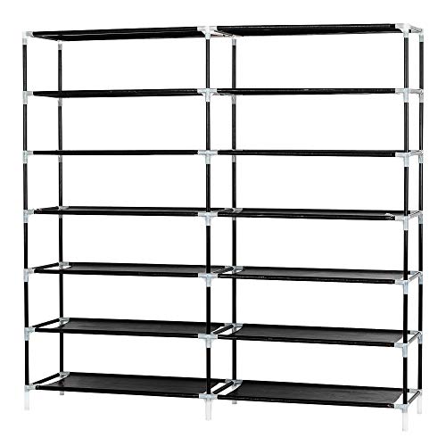 Vasitelan 7 Tier Shoe Rack Storage Organizer, Portable Double Row Shoe Rack Shelf Cabinet Tower for Closet with Nonwoven Fabric Cover (Black)