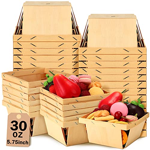 30 Pcs One Quart Wooden Berry Baskets Bulk 5.75 Inch Square Vented Wood Boxes Empty Wooden Baskets for Easter Gifts, Picking Fruit, Arts, Crafts and Decor