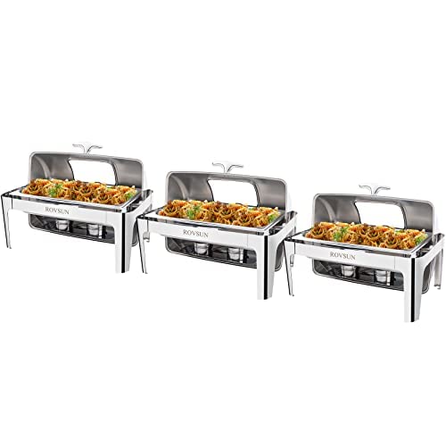 ROVSUN 9Qt 3 Packs Roll Top Chafing Dish Buffet Set, Stainless Steel Chafers for Catering, Rectangular Buffet Servers and Warmers Set with Glass Window for Parties, Banquet, Wedding, Full Size