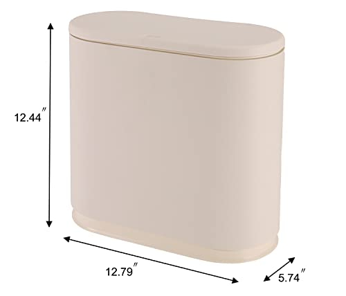 Sooyee Bathroom Trash Can with Lid, 2.4 Gallon Slim Smart Can, Small Plastic Bin, 10 L Narrow Waste Basket for Bedroom, Kitchen, Office, Cream White