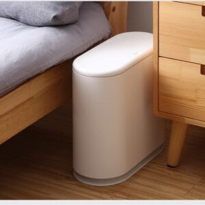 Sooyee Bathroom Trash Can with Lid, 2.4 Gallon Slim Smart Can, Small Plastic Bin, 10 L Narrow Waste Basket for Bedroom, Kitchen, Office, Cream White