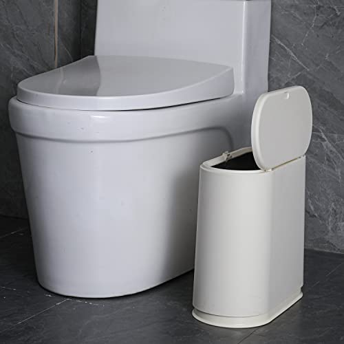 Sooyee Bathroom Trash Can with Lid, 2.4 Gallon Slim Smart Can, Small Plastic Bin, 10 L Narrow Waste Basket for Bedroom, Kitchen, Office, Cream White