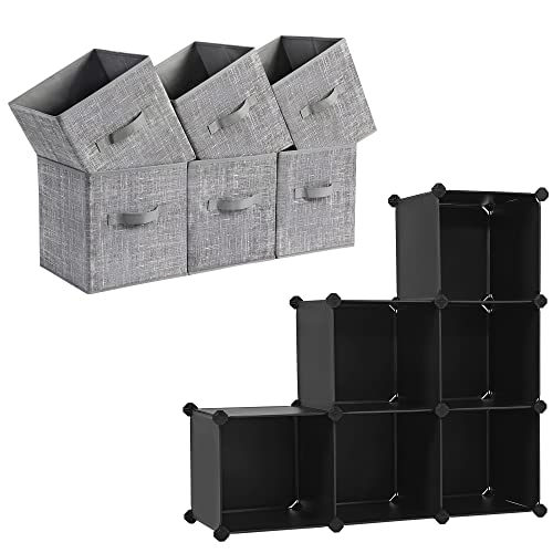 SONGMICS Storage Cubes and Cube Storage Organizer Bundle, 11-Inch Non-Woven Fabric Bins with Double Handles, 6 Cube Closet Organizers and Storage, Gray and Black UROB26LG and ULPC06H