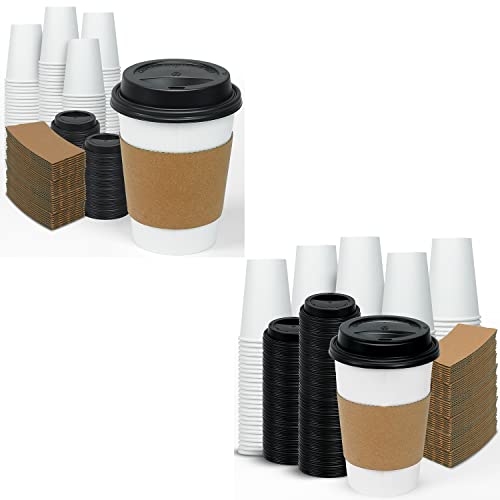 Ginkgo [100 Pack 12 oz + 100 Pack 16 oz Disposable Thickened Paper Coffee Cups with Lids and Sleeves