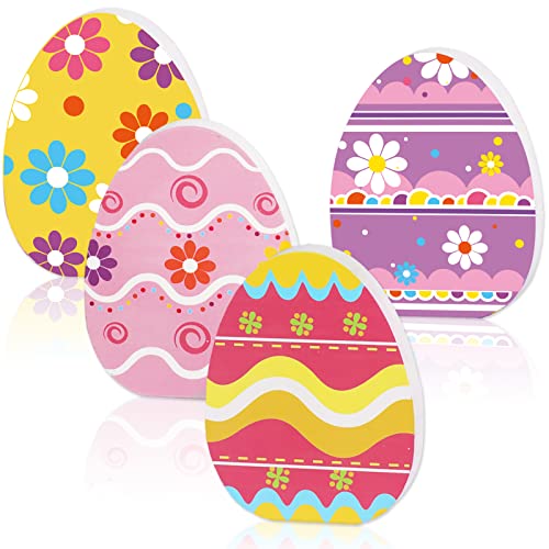 4Pcs Happy Easter Egg Table Wooden Sign Spring Egg Shape Wood Tabletop Decorations Reversible Double Printed Decor for Easter Party Desk Office Home Party Supplies Farmhouse Gift