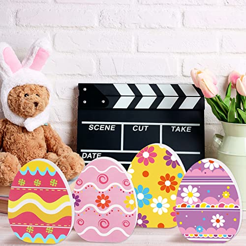 4Pcs Happy Easter Egg Table Wooden Sign Spring Egg Shape Wood Tabletop Decorations Reversible Double Printed Decor for Easter Party Desk Office Home Party Supplies Farmhouse Gift