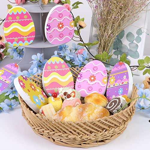 4Pcs Happy Easter Egg Table Wooden Sign Spring Egg Shape Wood Tabletop Decorations Reversible Double Printed Decor for Easter Party Desk Office Home Party Supplies Farmhouse Gift