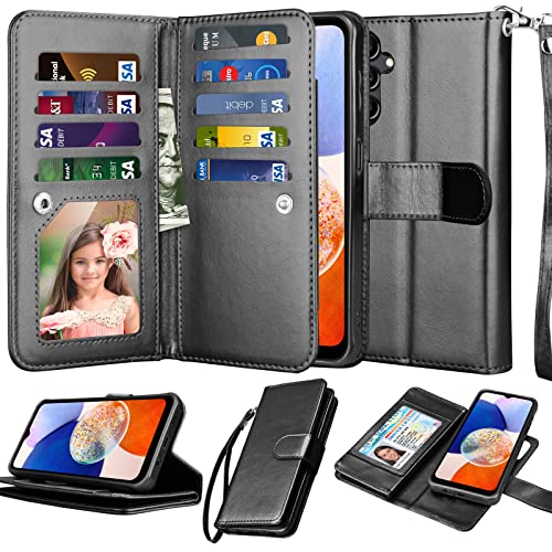 NJJEX Galaxy A14 5G Case, for Samsung Galaxy A14 5G Wallet Case, [9 Card Slots] PU Leather ID Credit Holder Folio Flip [Detachable] Kickstand Magnetic Phone Cover & Lanyard for Samsung A14 [Black]