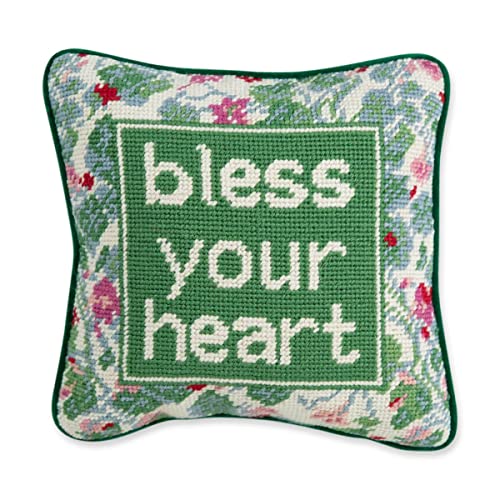 Furbish Handmade Needlepoint Decorative Throw Pillow - Bless Your Heart - 10" x 10" - Small Embroidered Accent Pillow for Bed, Chair, Couch, Sofa - Aesthetic Preppy Home Decor