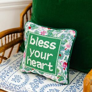 Furbish Handmade Needlepoint Decorative Throw Pillow - Bless Your Heart - 10" x 10" - Small Embroidered Accent Pillow for Bed, Chair, Couch, Sofa - Aesthetic Preppy Home Decor