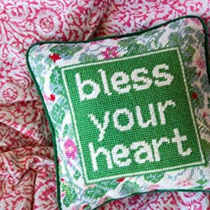 Furbish Handmade Needlepoint Decorative Throw Pillow - Bless Your Heart - 10" x 10" - Small Embroidered Accent Pillow for Bed, Chair, Couch, Sofa - Aesthetic Preppy Home Decor