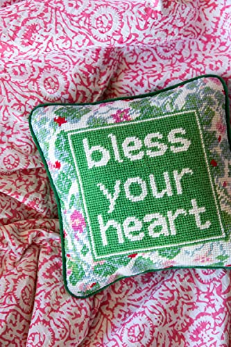 Furbish Handmade Needlepoint Decorative Throw Pillow - Bless Your Heart - 10" x 10" - Small Embroidered Accent Pillow for Bed, Chair, Couch, Sofa - Aesthetic Preppy Home Decor