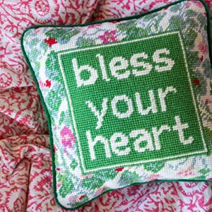 Furbish Handmade Needlepoint Decorative Throw Pillow - Bless Your Heart - 10" x 10" - Small Embroidered Accent Pillow for Bed, Chair, Couch, Sofa - Aesthetic Preppy Home Decor