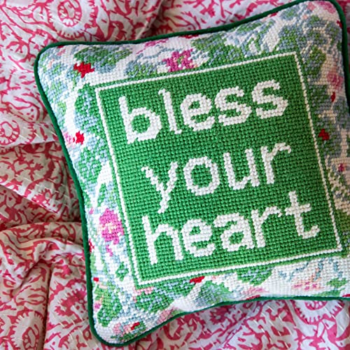 Furbish Handmade Needlepoint Decorative Throw Pillow - Bless Your Heart - 10" x 10" - Small Embroidered Accent Pillow for Bed, Chair, Couch, Sofa - Aesthetic Preppy Home Decor