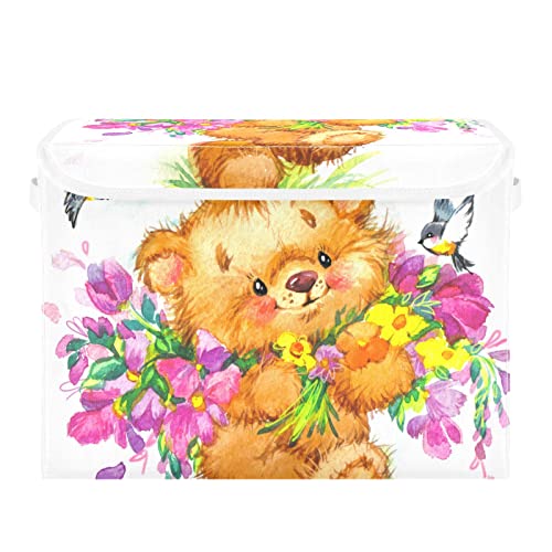 innewgogo Teddy Bear Flowers Storage Bins with Lids for Organizing Foldable Storage Box With Lid with Handles Oxford Cloth Storage Cube Box for Toys