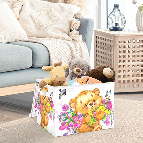 innewgogo Teddy Bear Flowers Storage Bins with Lids for Organizing Foldable Storage Box With Lid with Handles Oxford Cloth Storage Cube Box for Toys