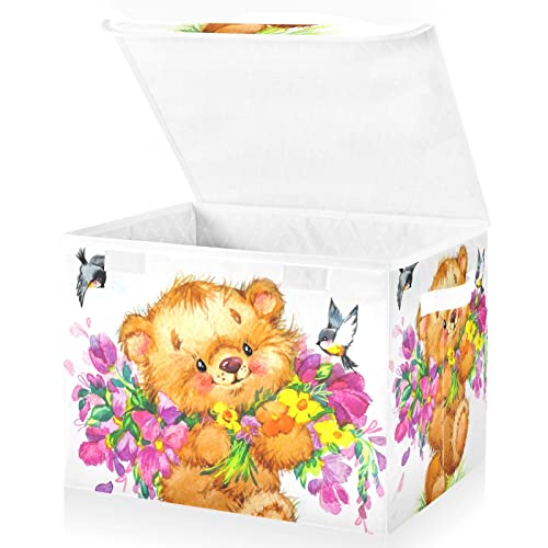 innewgogo Teddy Bear Flowers Storage Bins with Lids for Organizing Foldable Storage Box With Lid with Handles Oxford Cloth Storage Cube Box for Toys