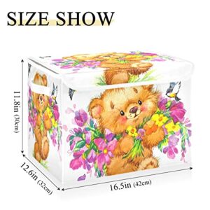 innewgogo Teddy Bear Flowers Storage Bins with Lids for Organizing Foldable Storage Box With Lid with Handles Oxford Cloth Storage Cube Box for Toys