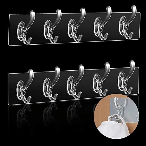 WEISHA Wall Hooks 1/3/5/6 Row Self-Adhesive Transparent Wall Hooks Door Hook Hat Clothes Hanger Towel Holder Kitchen Bathroom Storage Rack(5 Row)