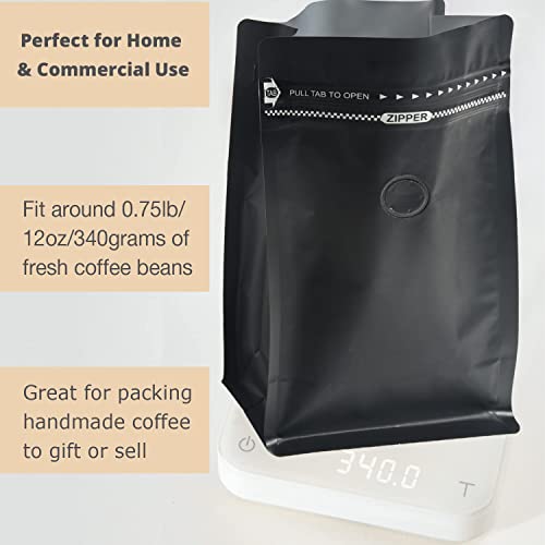 50 Count ¾ LB Black Color Foil Coffee Bags - High Barrier Aluminum Foil - Flat Bottom Coffee Pouches with Degassing Valve, Food Storage Bags with Rsealable Zipper & Easy Open Tape (Pack of 50, 12oz/0.75lb Size)