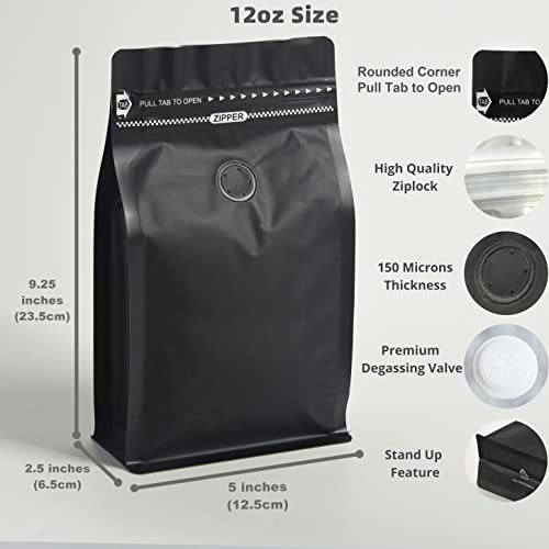 50 Count ¾ LB Black Color Foil Coffee Bags - High Barrier Aluminum Foil - Flat Bottom Coffee Pouches with Degassing Valve, Food Storage Bags with Rsealable Zipper & Easy Open Tape (Pack of 50, 12oz/0.75lb Size)