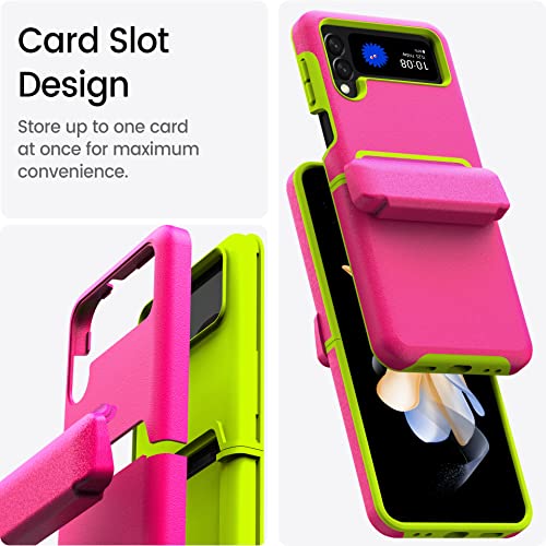 X-FOUR Compatible with Galaxy Z Flip 4 Case with [ Card Slot ] [ Hinge Protection ] for Samsung Galaxy Z Flip 4 5G Case with Card Holder Hard PC Shockproof Protective Cover - Neon Pink