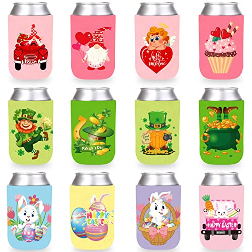 Whaline 12Pcs Can Sleeves St. Patrick's Day Easter Neoprene Can Cooler Cover 12 Designs Reusable Holiday Themed Thermocooler Valentines Bottle Sleeve for Beverages Cans Party Supplies