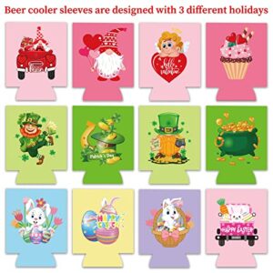 Whaline 12Pcs Can Sleeves St. Patrick's Day Easter Neoprene Can Cooler Cover 12 Designs Reusable Holiday Themed Thermocooler Valentines Bottle Sleeve for Beverages Cans Party Supplies