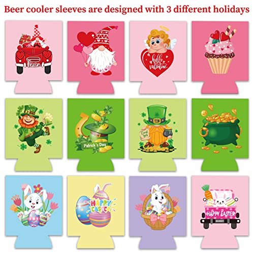 Whaline 12Pcs Can Sleeves St. Patrick's Day Easter Neoprene Can Cooler Cover 12 Designs Reusable Holiday Themed Thermocooler Valentines Bottle Sleeve for Beverages Cans Party Supplies