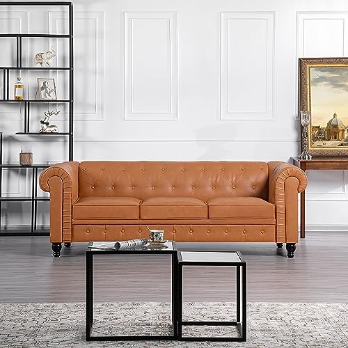 Naomi Home Emery Chesterfield Sofa with Rolled Arms, Tufted Cushions / 3 Seater Sectional Sofa Couch for Small Spaces, Living Room, Bedroom, Apartment, Easy Tool-Free Assembly, Caramel, Air Leather