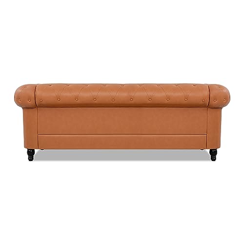 Naomi Home Emery Chesterfield Sofa with Rolled Arms, Tufted Cushions / 3 Seater Sectional Sofa Couch for Small Spaces, Living Room, Bedroom, Apartment, Easy Tool-Free Assembly, Caramel, Air Leather