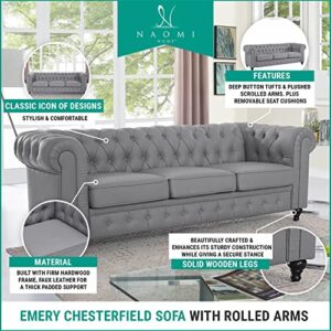 Naomi Home Emery Chesterfield Sofa with Rolled Arms, Tufted Cushions / 3 Seater Sectional Sofa Couch for Small Spaces, Living Room, Bedroom, Apartment, Easy Tool-Free Assembly, Caramel, Air Leather