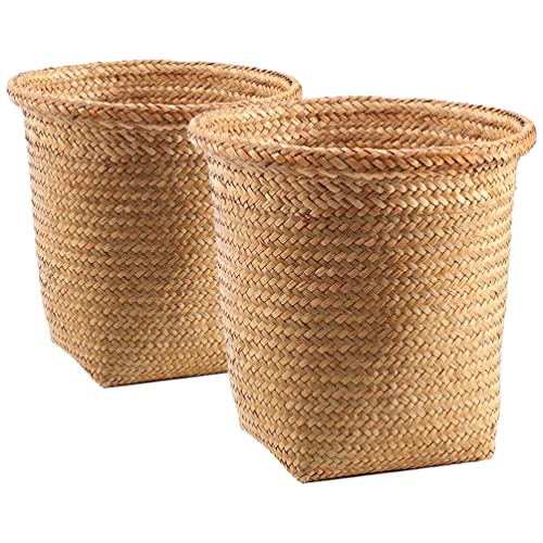 Sewroro Laundry Basket 2pcs Seagrass Waste Basket Woven Trash Can Woven Wastebasket Round Trash Can Wicker Waste Basket Garbage Container Bin for Bathrooms Kitchens Home Office Wicker Storage Basket