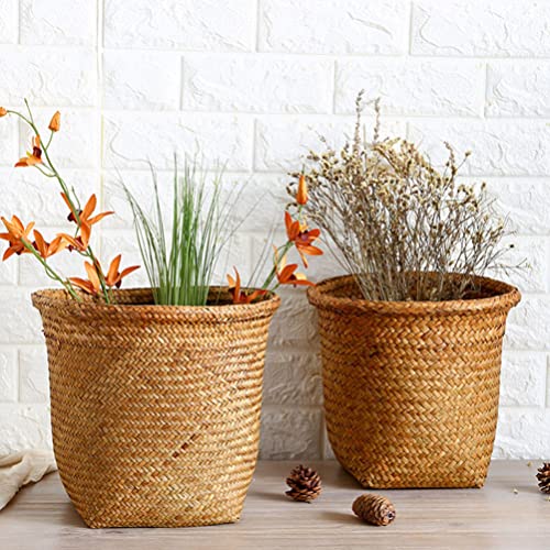 Sewroro Laundry Basket 2pcs Seagrass Waste Basket Woven Trash Can Woven Wastebasket Round Trash Can Wicker Waste Basket Garbage Container Bin for Bathrooms Kitchens Home Office Wicker Storage Basket