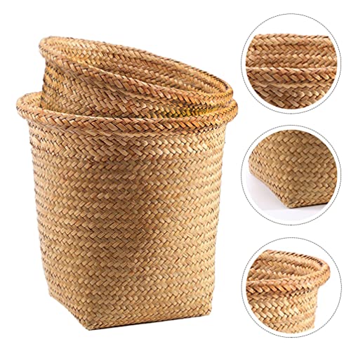 Sewroro Laundry Basket 2pcs Seagrass Waste Basket Woven Trash Can Woven Wastebasket Round Trash Can Wicker Waste Basket Garbage Container Bin for Bathrooms Kitchens Home Office Wicker Storage Basket