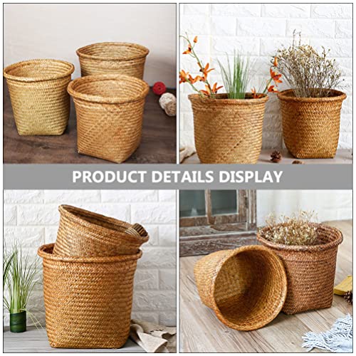 Sewroro Laundry Basket 2pcs Seagrass Waste Basket Woven Trash Can Woven Wastebasket Round Trash Can Wicker Waste Basket Garbage Container Bin for Bathrooms Kitchens Home Office Wicker Storage Basket