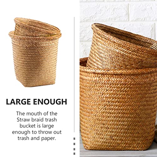 Sewroro Laundry Basket 2pcs Seagrass Waste Basket Woven Trash Can Woven Wastebasket Round Trash Can Wicker Waste Basket Garbage Container Bin for Bathrooms Kitchens Home Office Wicker Storage Basket