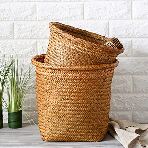 Sewroro Laundry Basket 2pcs Seagrass Waste Basket Woven Trash Can Woven Wastebasket Round Trash Can Wicker Waste Basket Garbage Container Bin for Bathrooms Kitchens Home Office Wicker Storage Basket