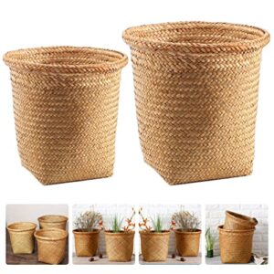 Sewroro Laundry Basket 2pcs Seagrass Waste Basket Woven Trash Can Woven Wastebasket Round Trash Can Wicker Waste Basket Garbage Container Bin for Bathrooms Kitchens Home Office Wicker Storage Basket