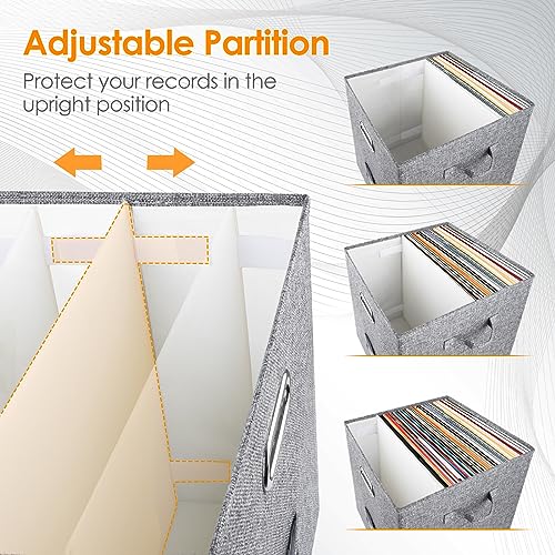 Woodoulogy Vinyl Record Storage Box for 50+ Single LPs, Stackable Albums Linen Crate with Lid, Collapsible Play Music Collection Holder, Document File Folder Cabinet Organizer Case with Handle