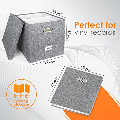 Woodoulogy Vinyl Record Storage Box for 50+ Single LPs, Stackable Albums Linen Crate with Lid, Collapsible Play Music Collection Holder, Document File Folder Cabinet Organizer Case with Handle