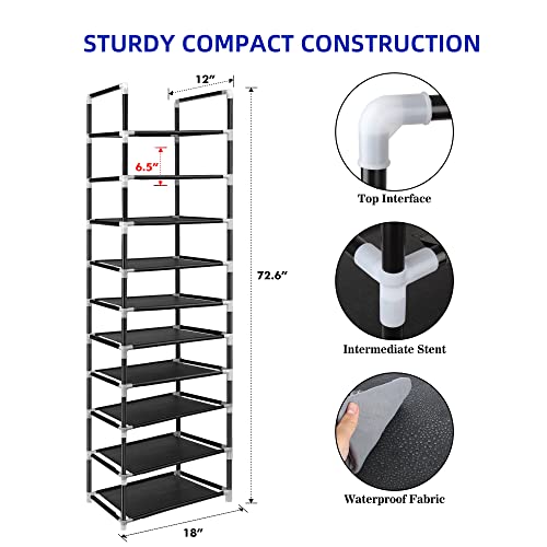 ERONE Tall Shoe Rack 10 Tiers Narrow Shoe Storage Rack 20 Pairs Shoes and Boots Shoe Shelf Organizer Black Metal Space Saving Slim Shoe Tower Cabinet for Closet Entryway