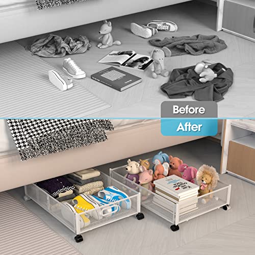 Fabutendus 2 PCS under-bed storage drawer, underbed storage with wheels, under-the-bed storage, Tool-free Assembly Metal Under-Bed Shoe Storage Organizer for Clothes Blankets Shoes Bedding Toys, White