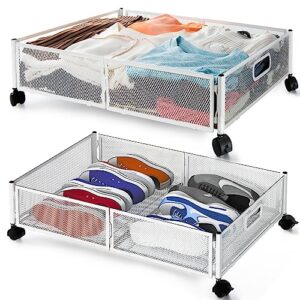 fabutendus 2 pcs under-bed storage drawer, underbed storage with wheels, under-the-bed storage, tool-free assembly metal under-bed shoe storage organizer for clothes blankets shoes bedding toys, white