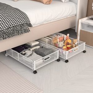 Fabutendus 2 PCS under-bed storage drawer, underbed storage with wheels, under-the-bed storage, Tool-free Assembly Metal Under-Bed Shoe Storage Organizer for Clothes Blankets Shoes Bedding Toys, White