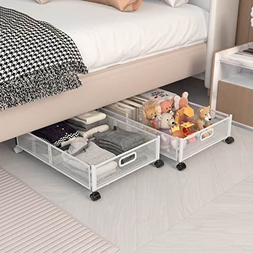 Fabutendus 2 PCS under-bed storage drawer, underbed storage with wheels, under-the-bed storage, Tool-free Assembly Metal Under-Bed Shoe Storage Organizer for Clothes Blankets Shoes Bedding Toys, White