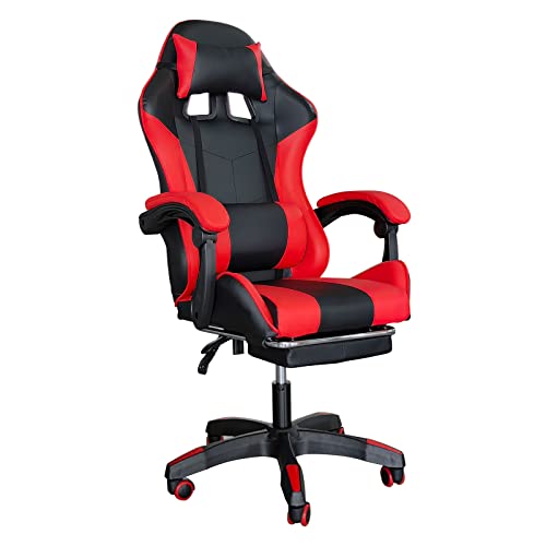 Gaming Chair, Computer Racing Chair with Footrest and Lumbar Support, Ergonomic High Back Office Headrest, Executive Swivel Rolling Leather Video Game (Red) (BRS806)