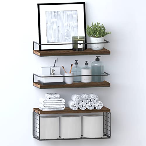 Floating Shelves Wall Mounted with Storage Basket and Protective Guards,Bathroom Shelves Over Toilet,Rustic Wood Shelves for Bedroom,Living Room,Kitchen,Wall Decor,Plants,Books-Dark Brown