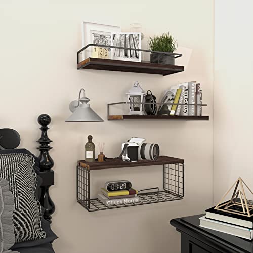 Floating Shelves Wall Mounted with Storage Basket and Protective Guards,Bathroom Shelves Over Toilet,Rustic Wood Shelves for Bedroom,Living Room,Kitchen,Wall Decor,Plants,Books-Dark Brown